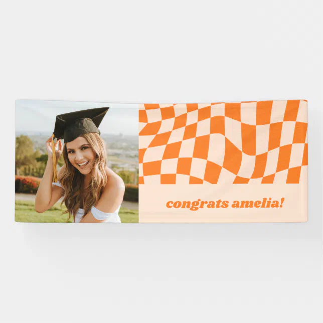 Retro Orange Checkerboard Graduation Photo Congrat Banner | Zazzle