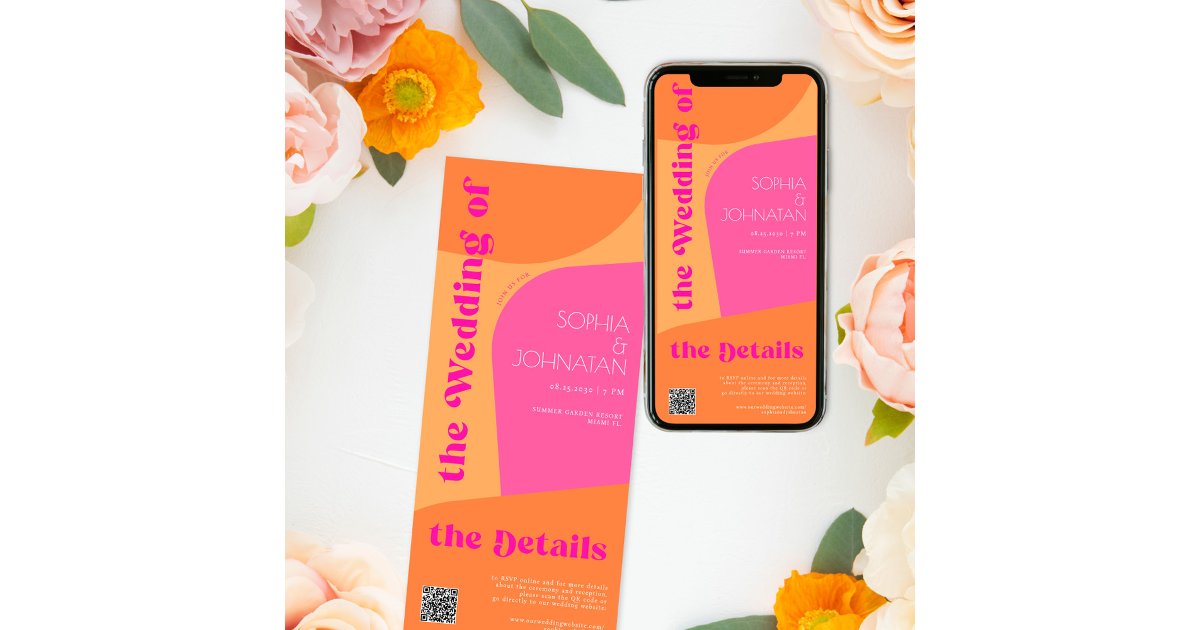 Retro orange pink abstract wedding rsvp details invitation | Zazzle