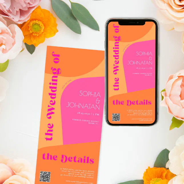 Retro orange pink abstract wedding rsvp details invitation | Zazzle