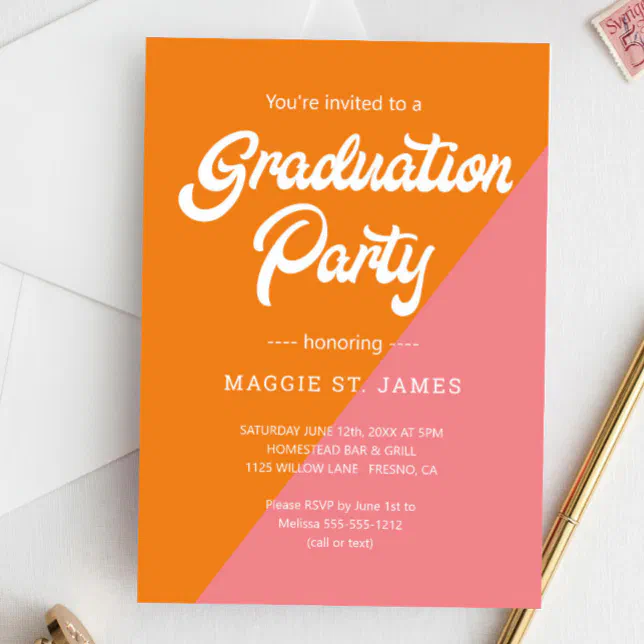 Retro Orange Pink Color Block Graduation Party Invitation | Zazzle