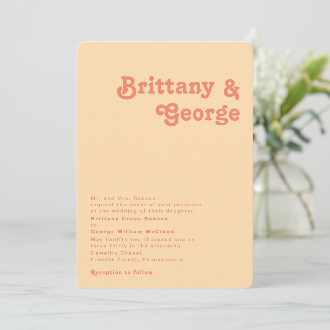 Retro Orange Rounded Corner Traditional Wedding Invitation | Zazzle
