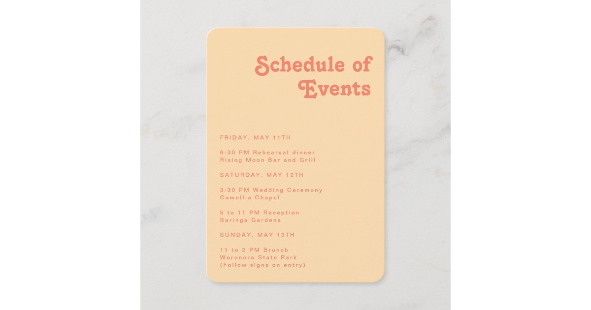 Retro Orange Schedule of Events Rounded Edges Enclosure Card | Zazzle