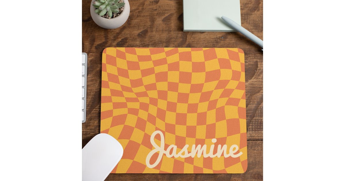 Retro Orange Warped Checker Board Custom Name Mouse Pad | Zazzle