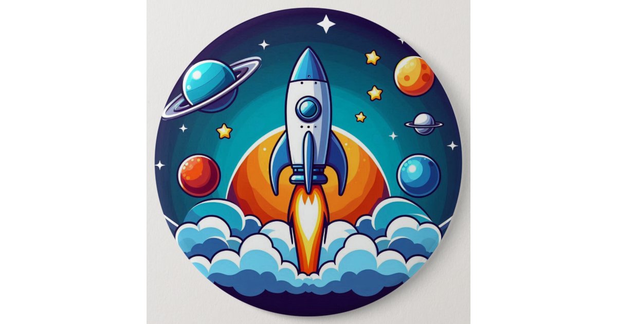Retro, outer space rocket button | Zazzle
