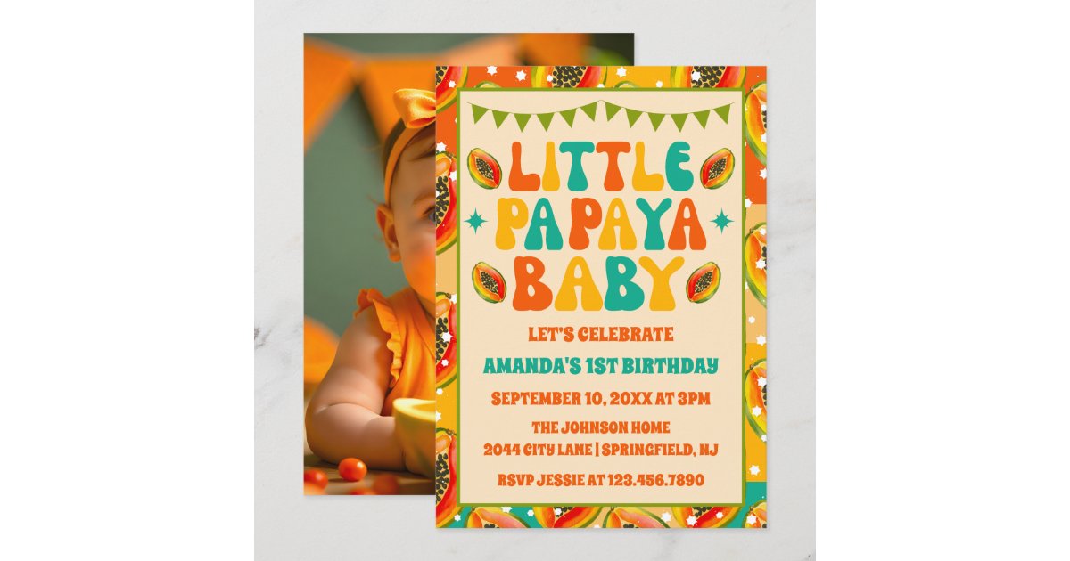 Retro Papaya 1st Birthday Party Photo Invitation | Zazzle