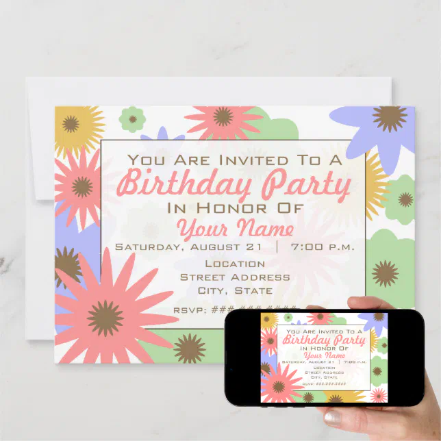 Retro Pastel Flowers Birthday Party Invitation | Zazzle