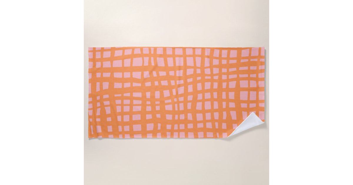 Retro pastel orange and pink grid pattern beach towel | Zazzle