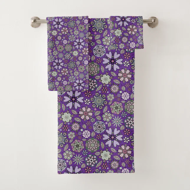 Retro Pastel Pink Purple Floral Seamless Pattern Bath Towel Set | Zazzle
