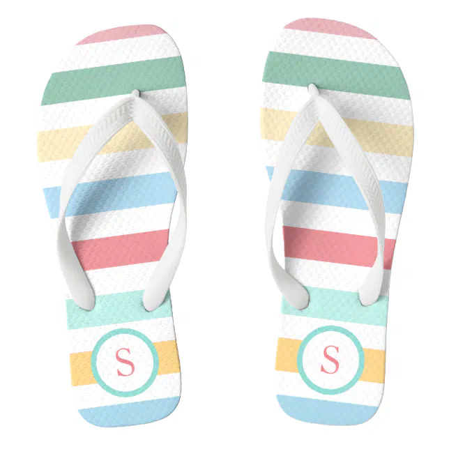 Retro Pastel Stripes with Your Monogram Flip Flops | Zazzle