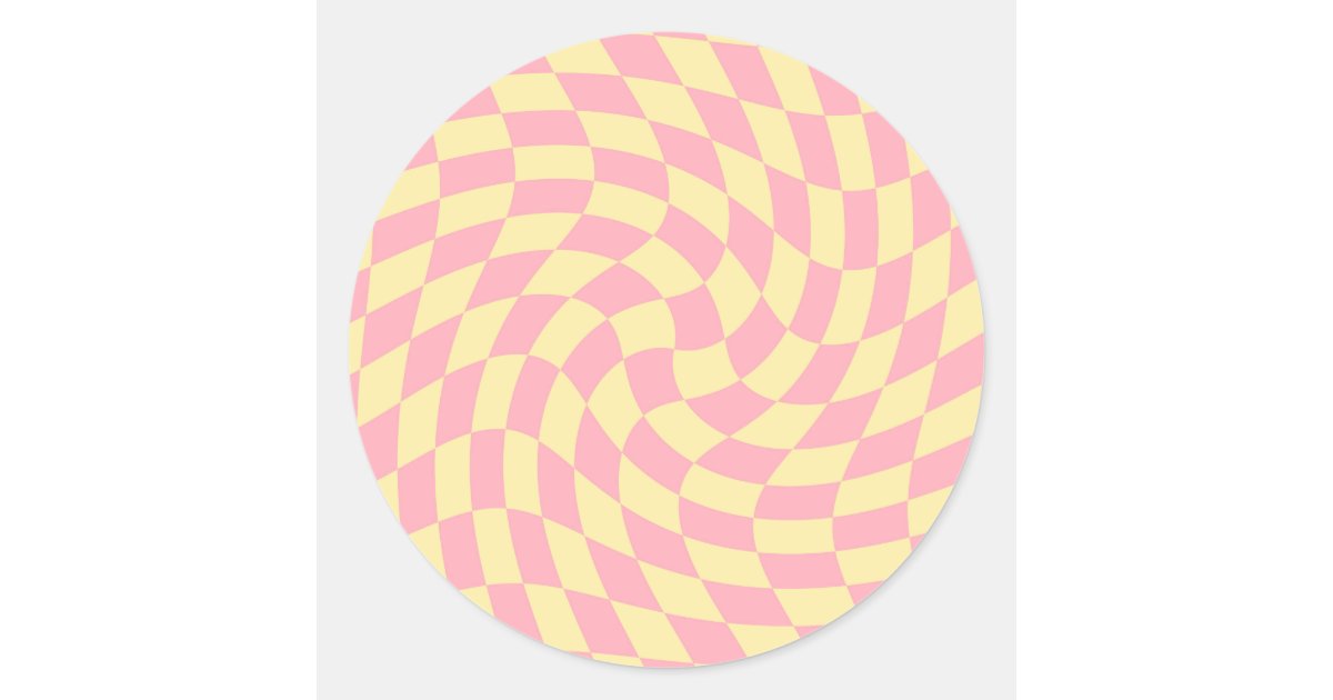 Retro Pastel Yellow Pink Warped Check Checkered Classic Round Sticker ...