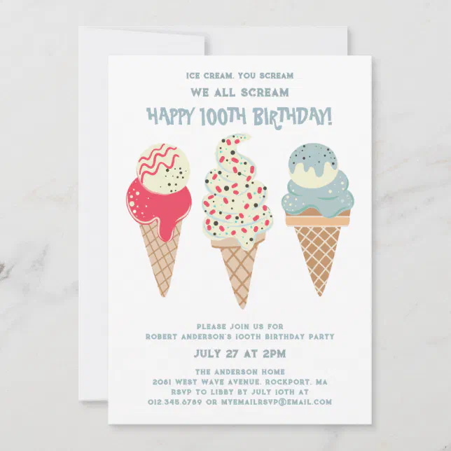 Retro Patriotic Ice Cream Cone 100th Birthday Invitation | Zazzle