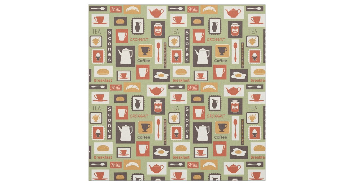 Retro pattern with kitchen dishes for breakfast fabric | Zazzle.com