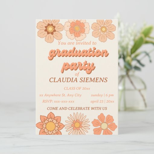 Retro PEACH Floral Groovy Graduation Invitations | Zazzle