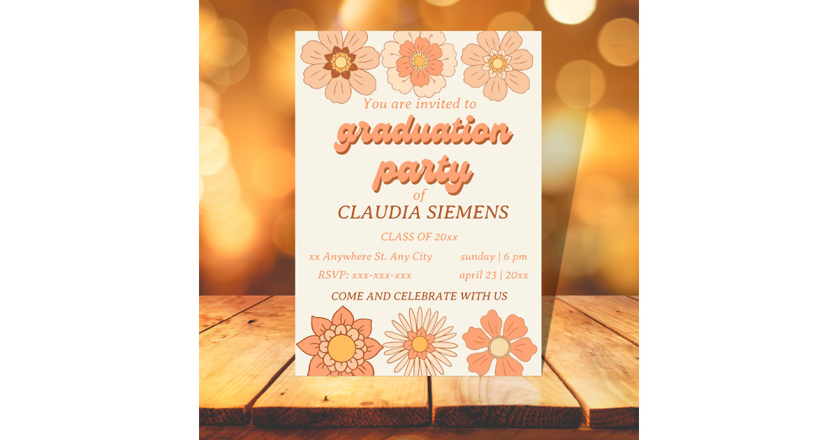 Retro PEACH Floral Groovy Graduation Invitations | Zazzle