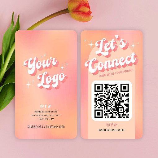 Retro Peach Let's Connect Social Media QR Code Business Card | Zazzle