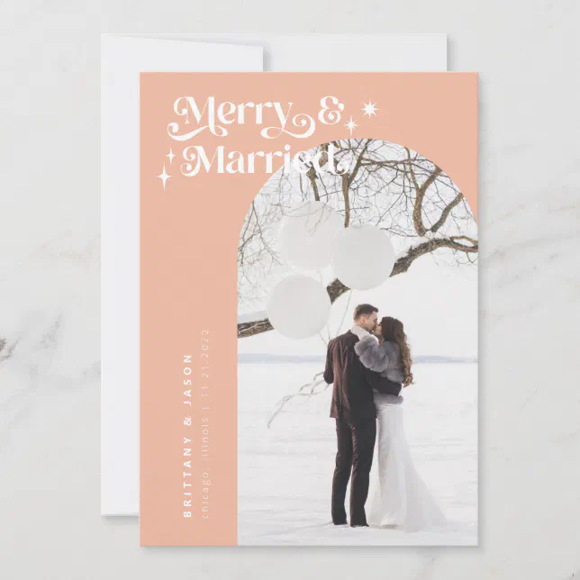 Retro Peach Merry & Married Photo Holiday Card | Zazzle