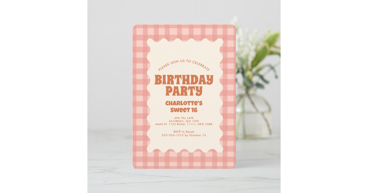 Retro Peachy Checker Sweet 16 Birthday Party Invitation | Zazzle