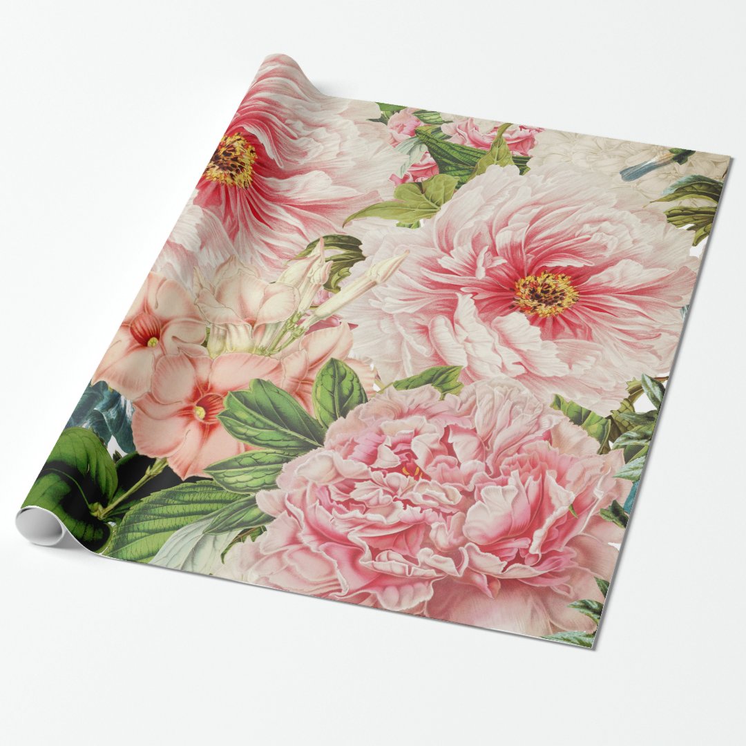 Retro Peony Flower Spring Floral Pattern Wrapping Paper | Zazzle