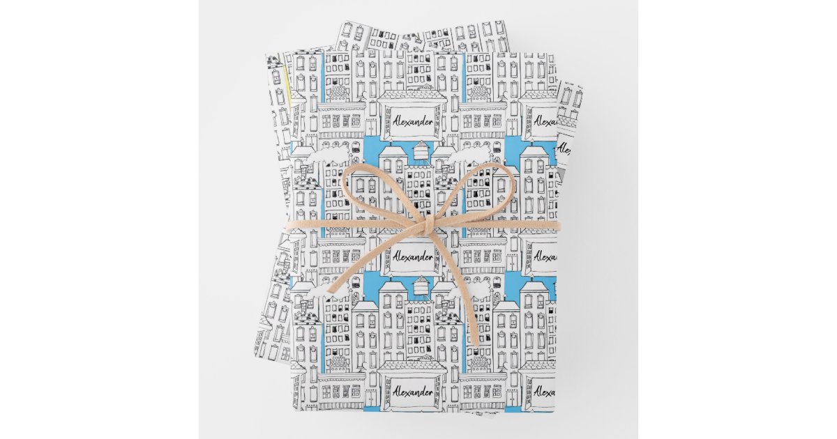 Retro Personalized City Buildings Cute Hand-Drawn Wrapping Paper Sheets ...