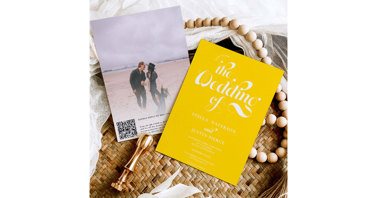 Retro photo yellow script wedding Qr code Invitation | Zazzle