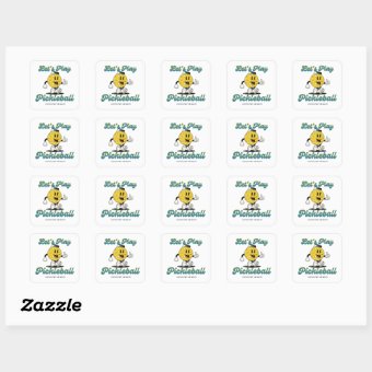 Retro Pickleball Cartoon Mascot Personalized Text Square Sticker | Zazzle