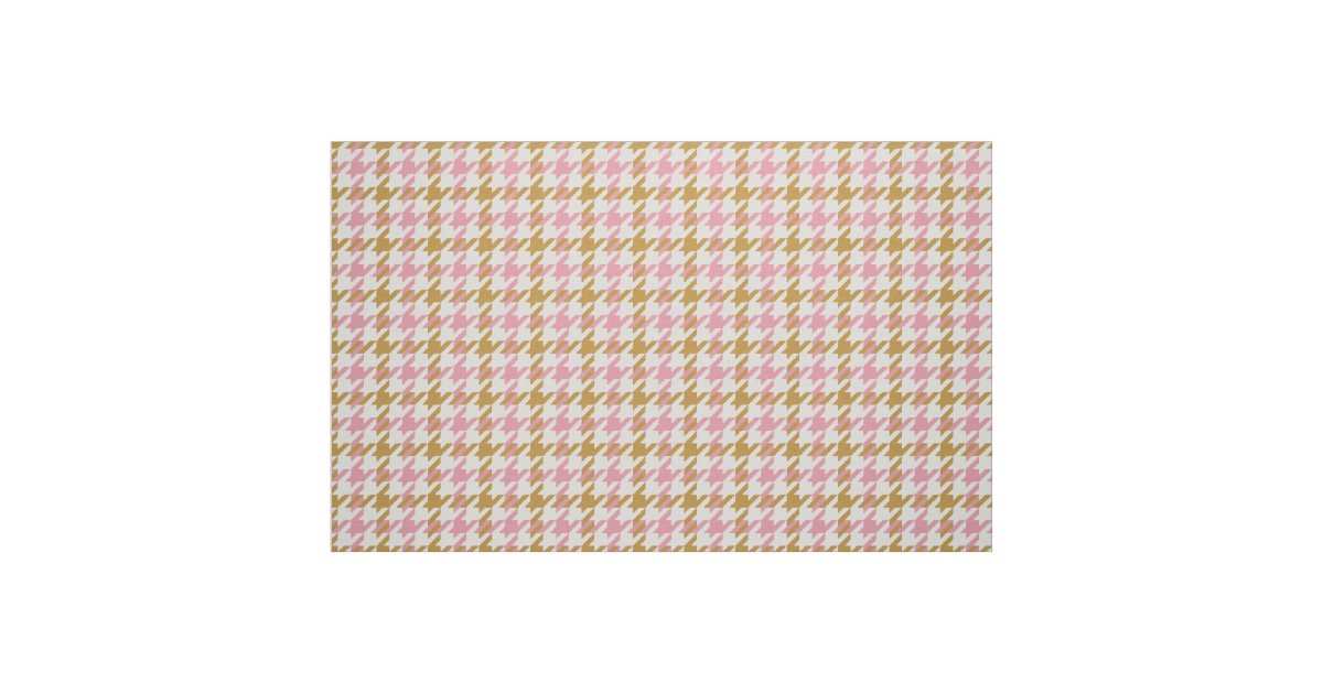 Retro pink and gold houndstooth plaid pattern fabric | Zazzle