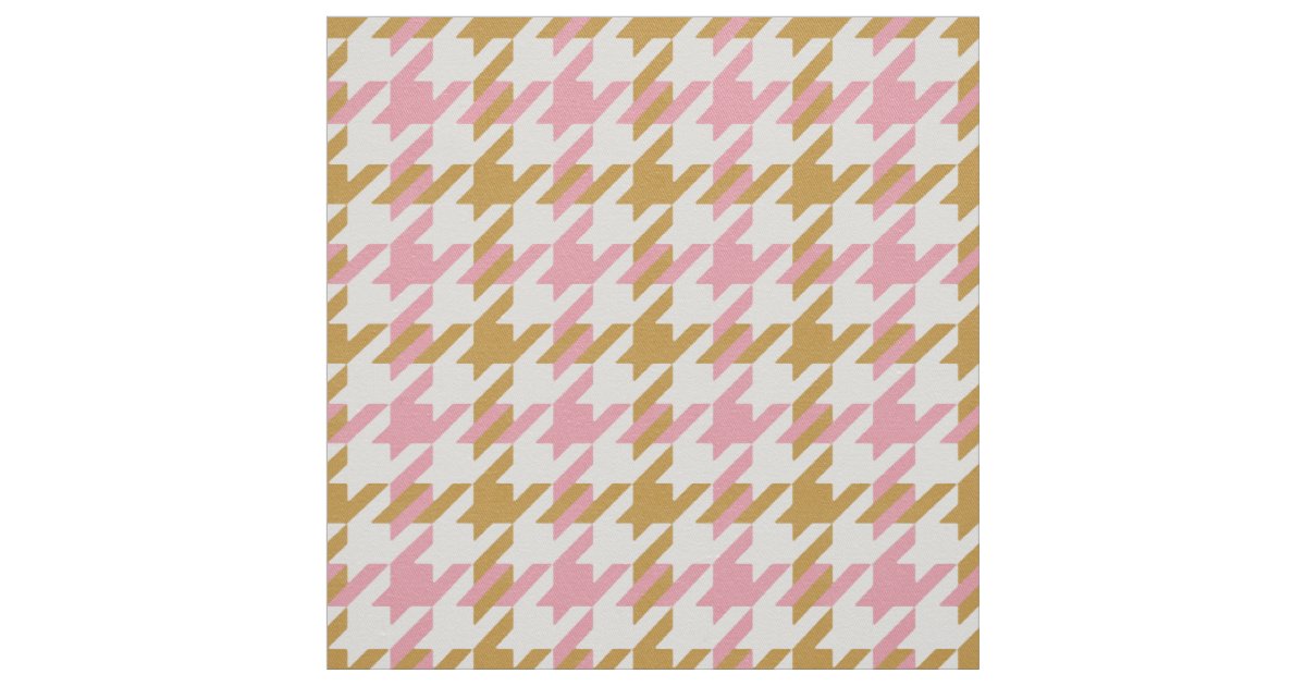 Retro pink and gold houndstooth plaid pattern fabric | Zazzle