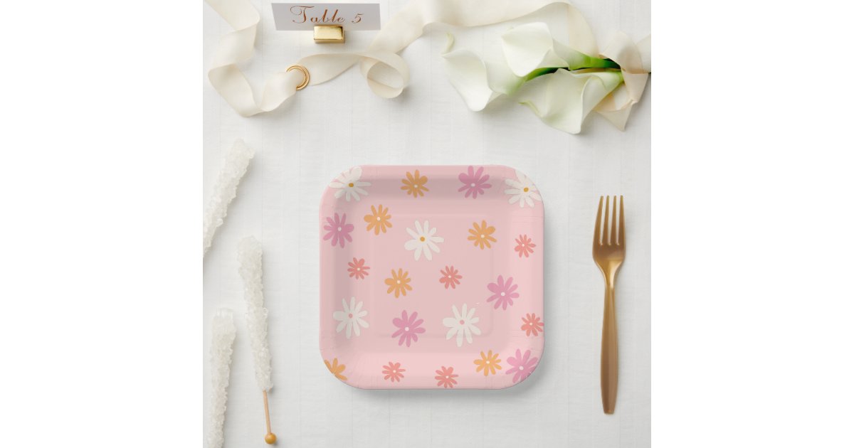 Retro Pink and Orange Daisy Paper Plates | Zazzle