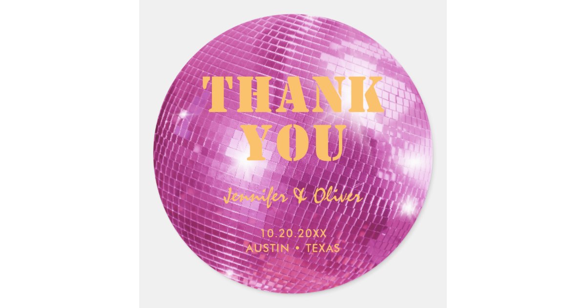 Retro Pink and Orange Disco Ball Wedding Thank You Classic Round ...