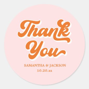 Retro Pink and Orange Thank You Wedding Classic Round Sticker | Zazzle