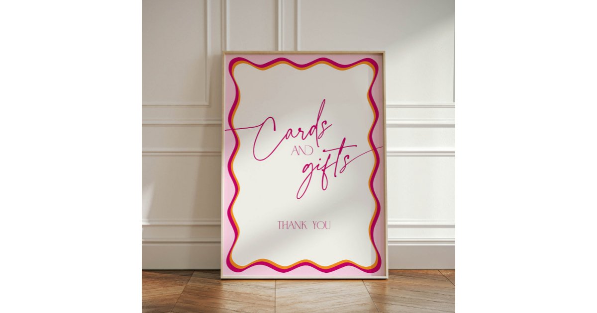 Retro Pink and Orange Wavy Border Cards and Gifts Pedestal Sign | Zazzle