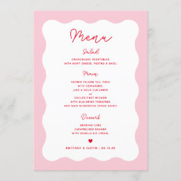 Retro Pink and Red Modern Wavy Wedding Menu Cards | Zazzle