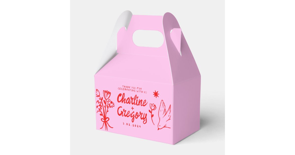Retro Pink and Red Wavy Handwriting Wedding Favor Boxes | Zazzle