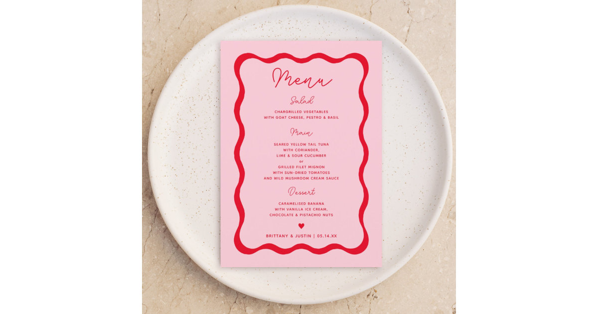 Retro Pink and Red Wavy Wedding Party Menu Cards | Zazzle