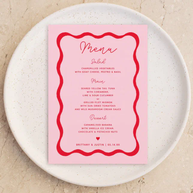 Retro Pink and Red Wavy Wedding Party Menu Cards | Zazzle
