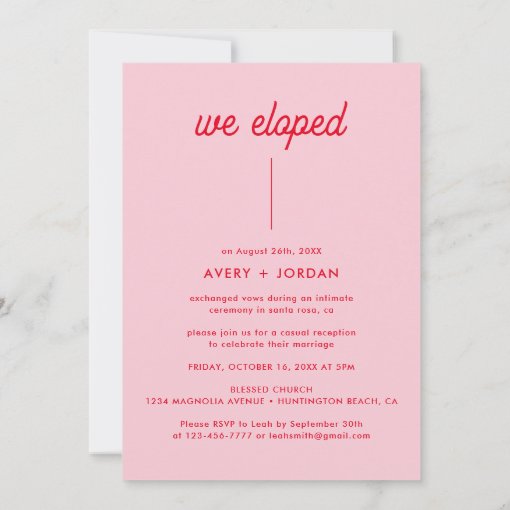 Retro Pink and Red We Eloped Elopement Reception Invitation | Zazzle