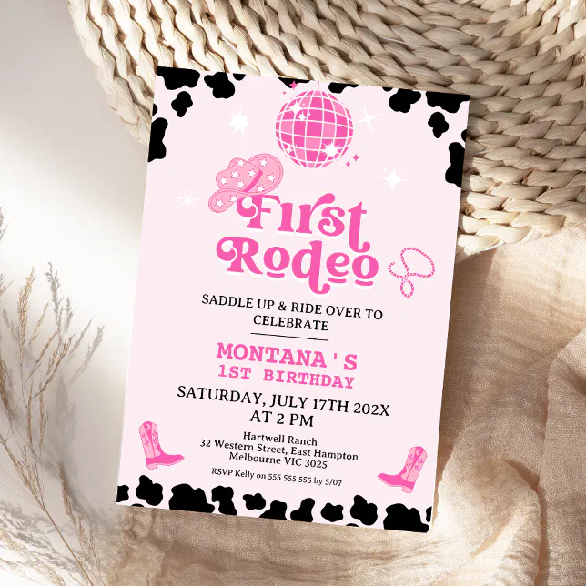 Retro Pink Black Disco First Rodeo 1st Birthday Invitation | Zazzle