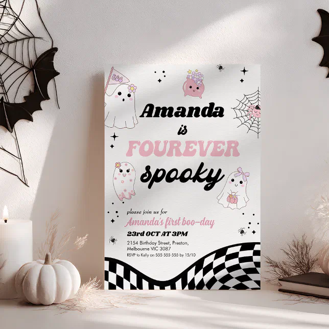 Retro Pink Black Fourever Spooky 4th Birthday Invitation | Zazzle