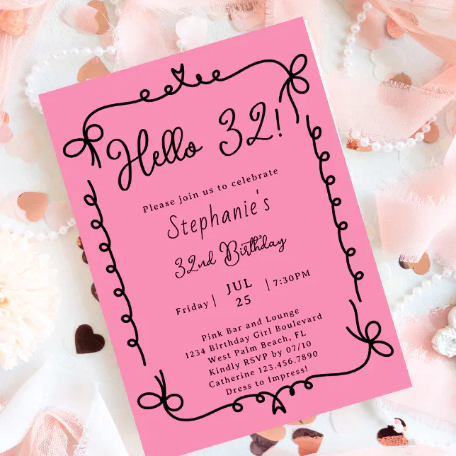 Retro Pink & Black Handwritten 32nd Birthday Party Invitation | Zazzle