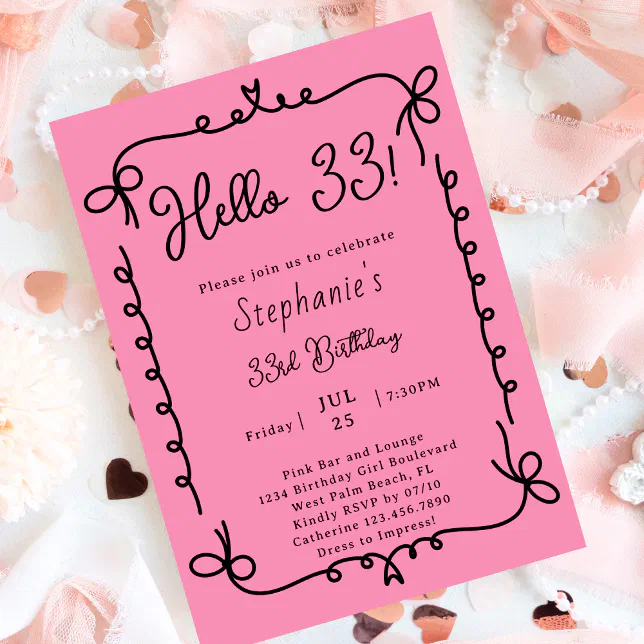 Retro Pink & Black Handwritten 33rd Birthday Party Invitation | Zazzle