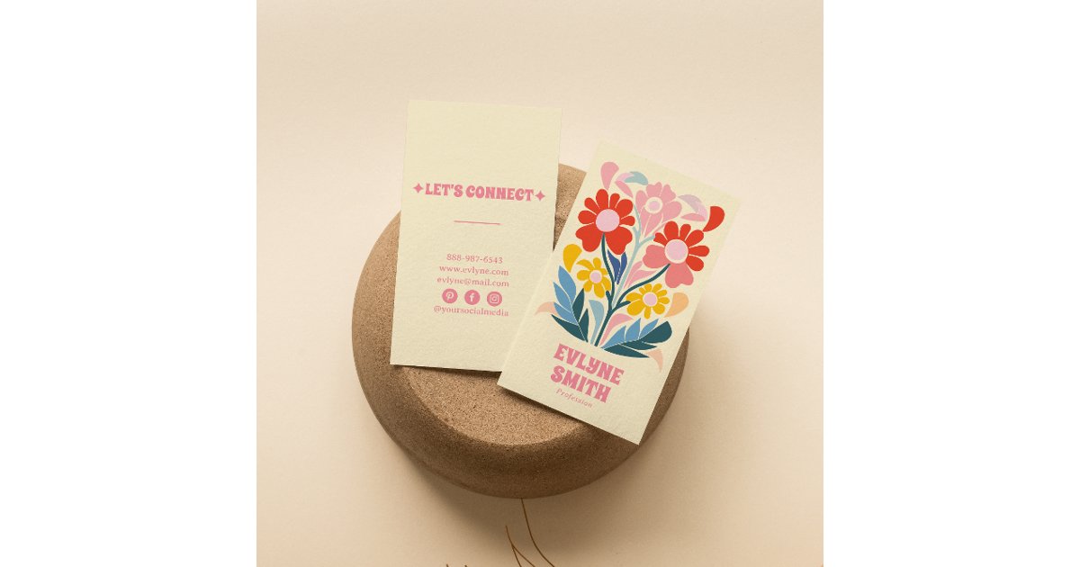 Retro Pink Colorful Groovy Floral Boho Girly Bold Business Card | Zazzle