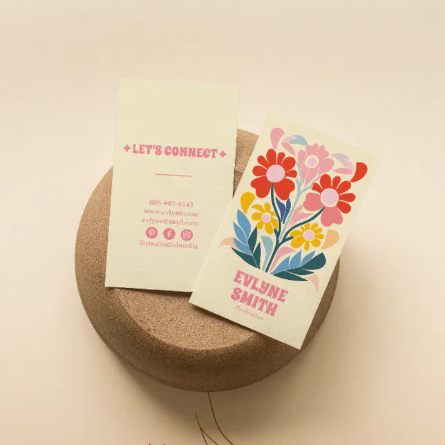 Retro Pink Colorful Groovy Floral Boho Girly Bold Business Card | Zazzle