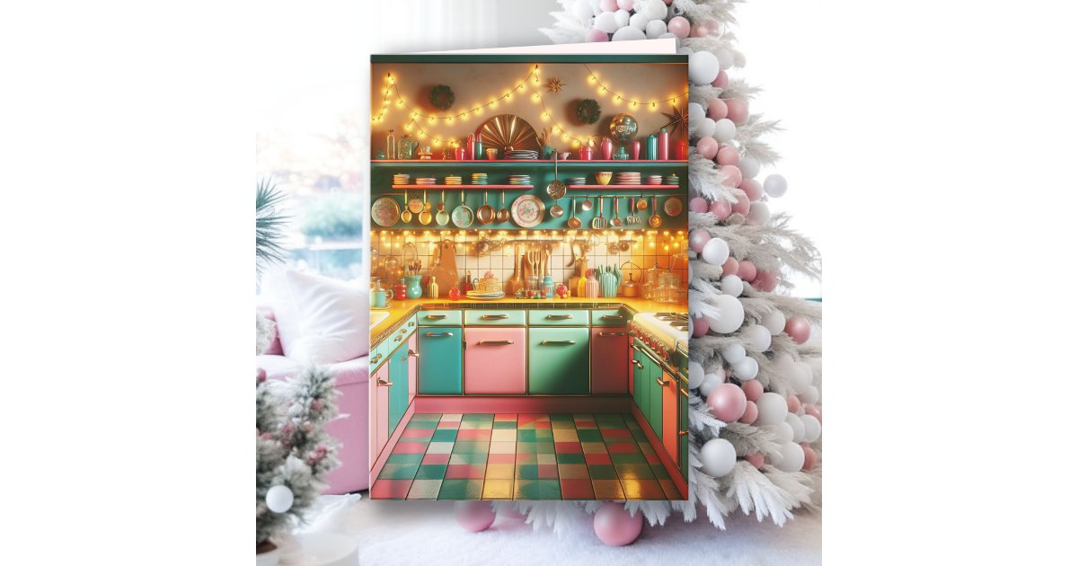 Retro Pink Cottage Kitsch Kitchen Christmas Card | Zazzle