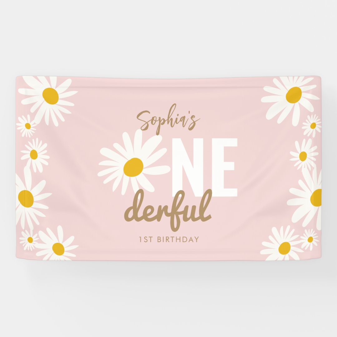 Retro Pink Daisy ONEderful 1st Birthday Party Banner | Zazzle