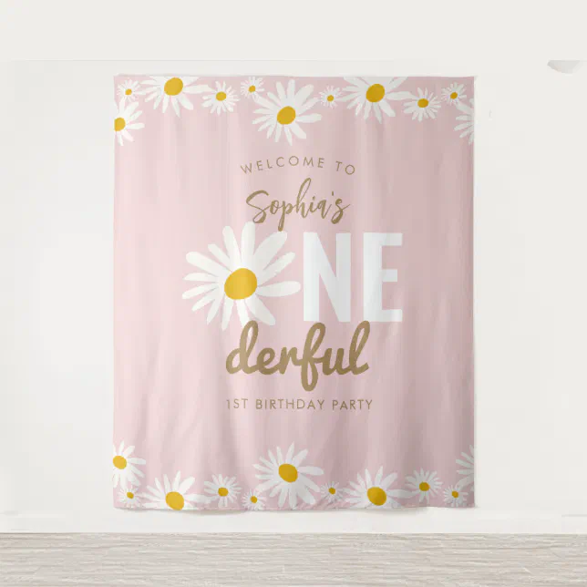Retro Pink Daisy ONEderful 1st Birthday Party Tapestry | Zazzle