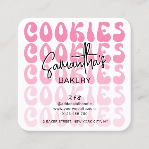 Retro Pink DIY Cookie Decorating Instructions Square Business Card | Zazzle