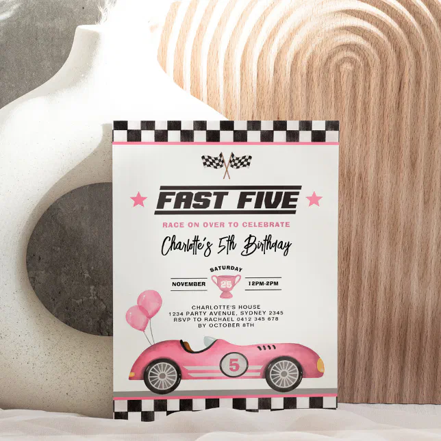 Retro Pink Fast Five Race Car Girl 5th Birthday Invitation | Zazzle