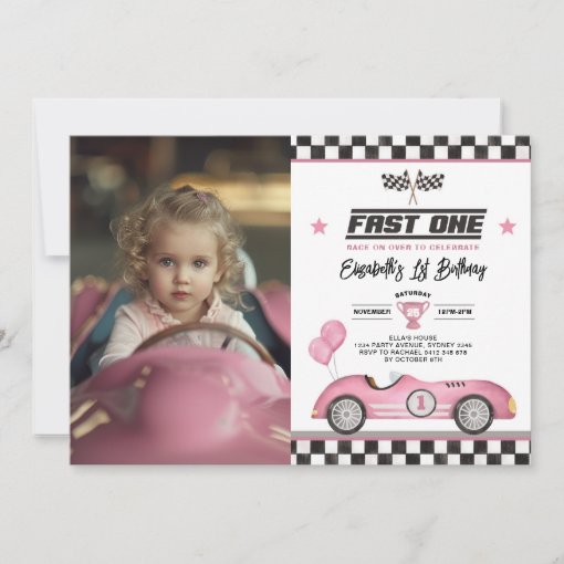 Retro Pink Fast One Race Car 1st Birthday Photo Invitation | Zazzle
