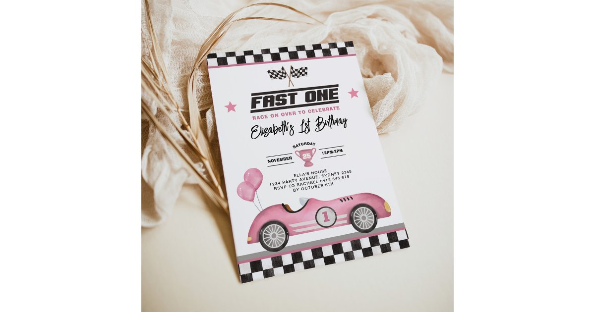 Retro Pink Fast One Race Car Girl 1st Birthday Invitation | Zazzle
