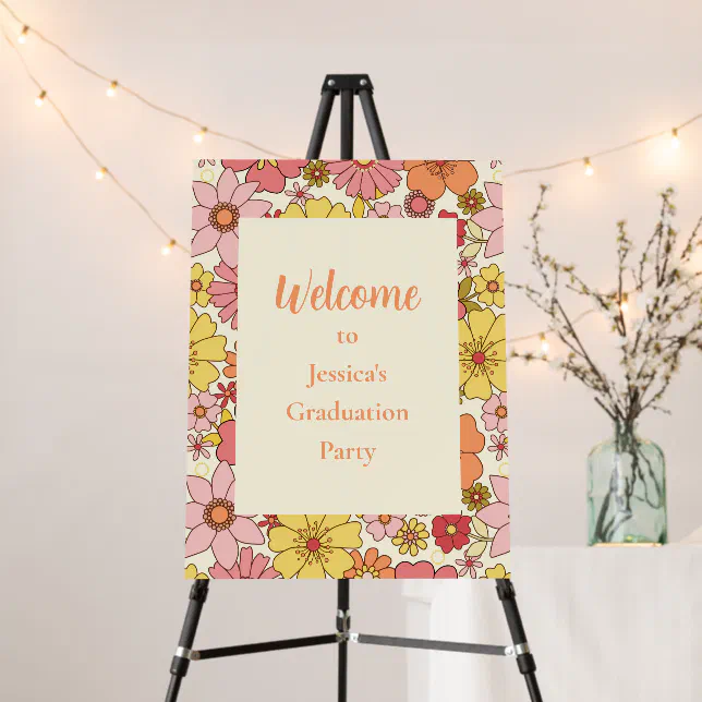 Retro Pink Floral Groovy Graduation Party Welcome Foam Board | Zazzle